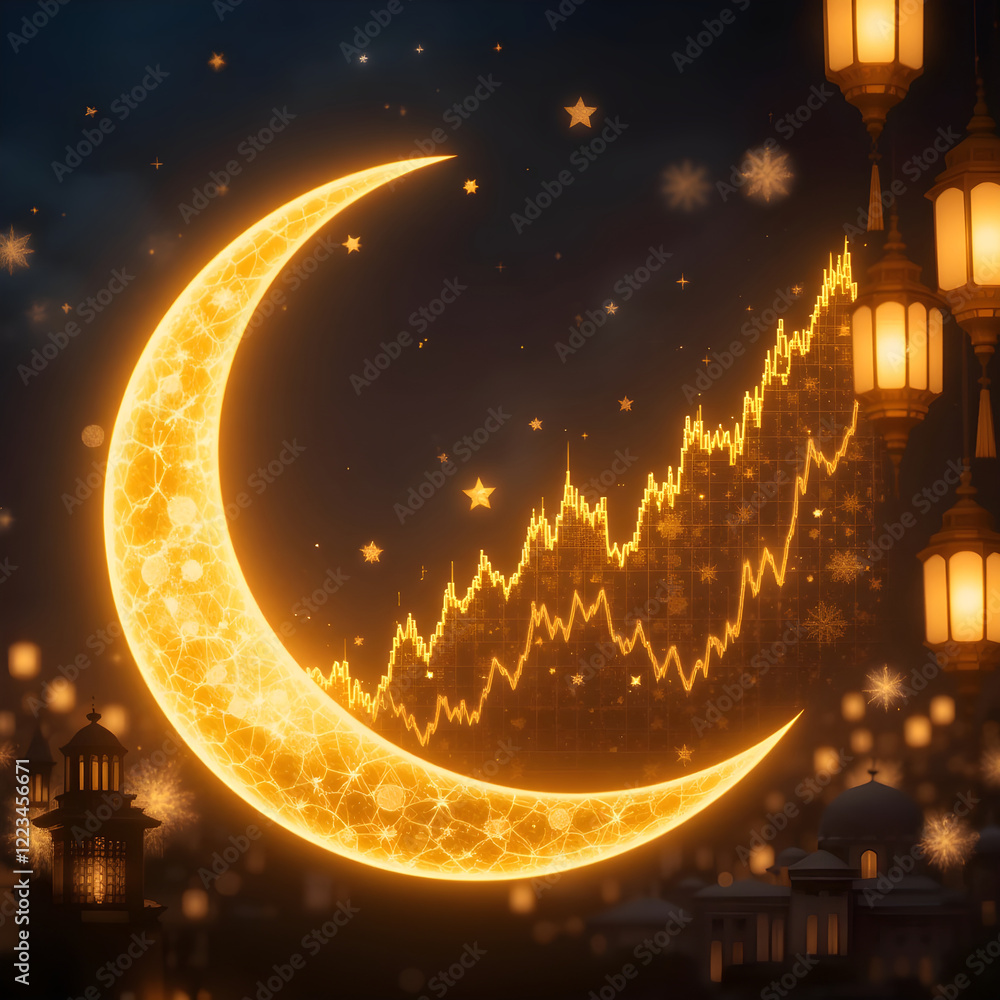 Crescent Moon Illuminates a Rising Stock Market Graph,A vibrant, golden ...