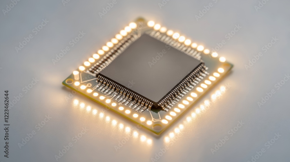 Elegant Simplified quantum computer chip placed under a glowing AI ...