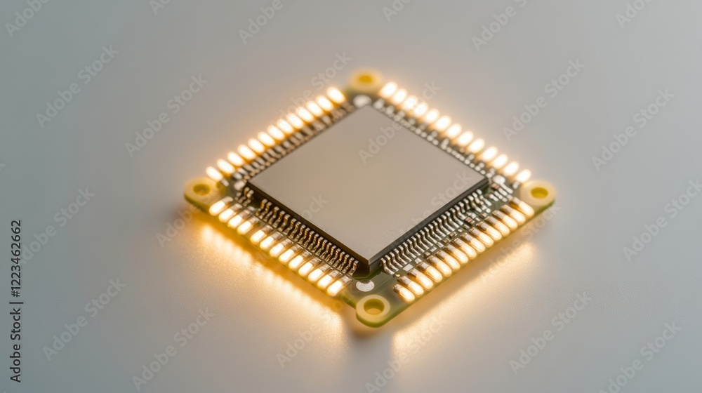 Elegant Simplified quantum computer chip placed under a glowing AI neural network overlay with ...