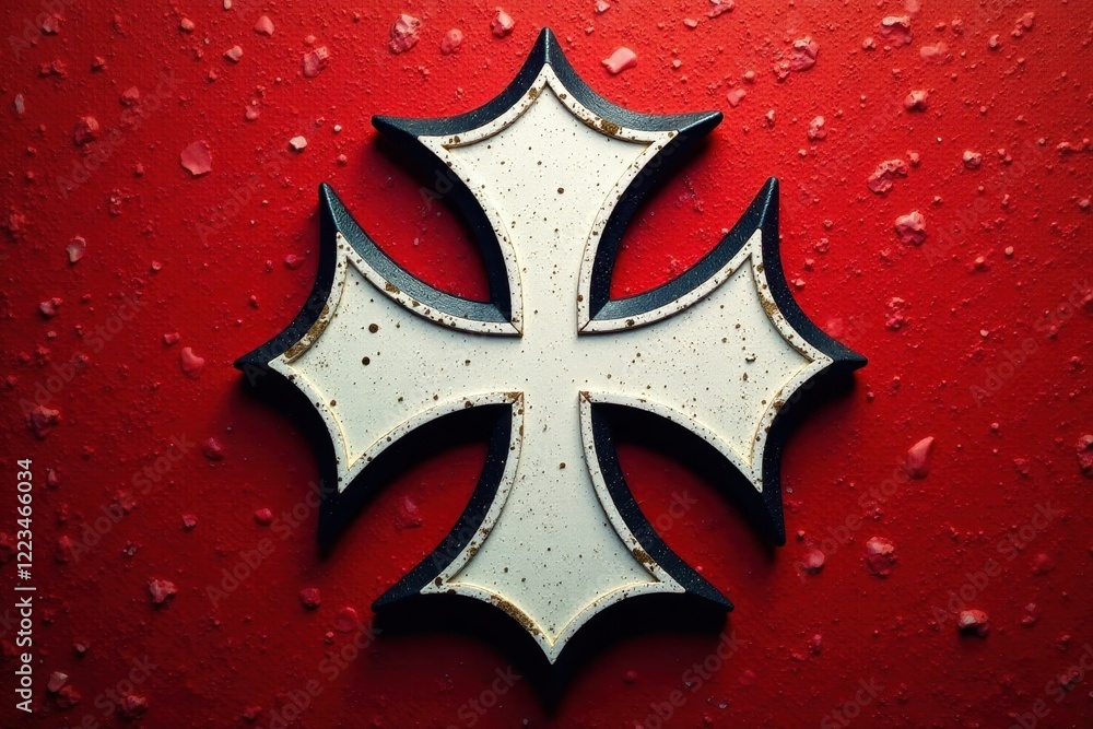 White St Florian Maltese cross, black outline on red background ...