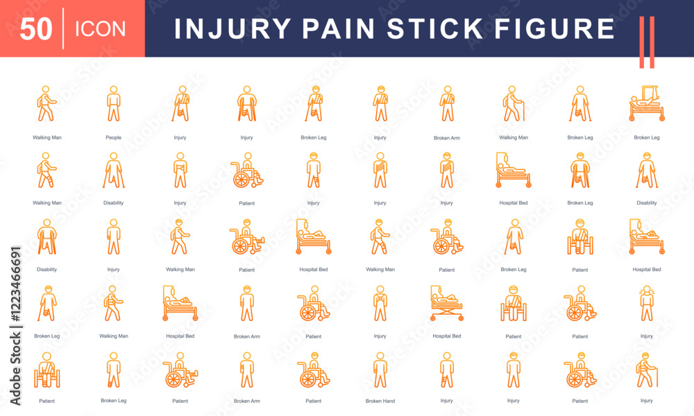 Stick figure icon set illustrating injury and pain, including broken ...