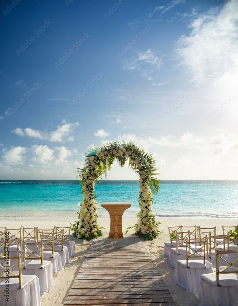 Altar de bodas en medio de una playa paradisíaca con cubiertas ...