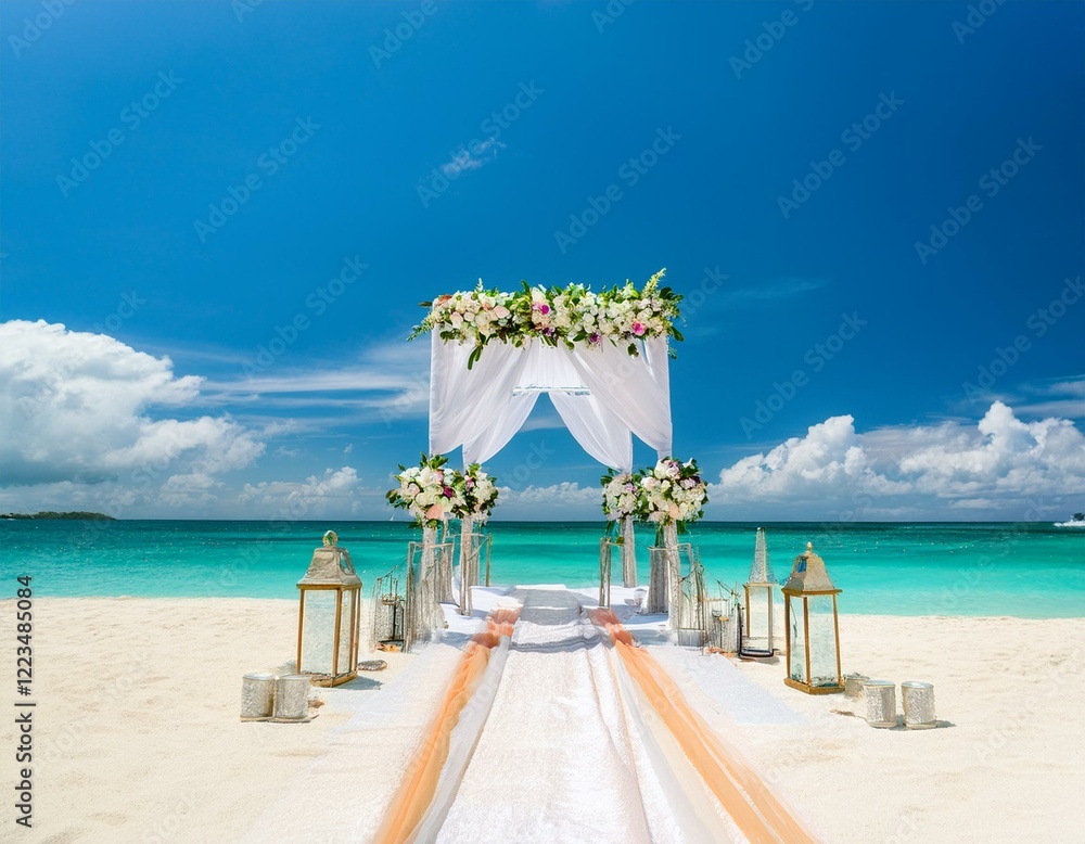 Altar de bodas en medio de una playa paradisíaca con cubiertas ...