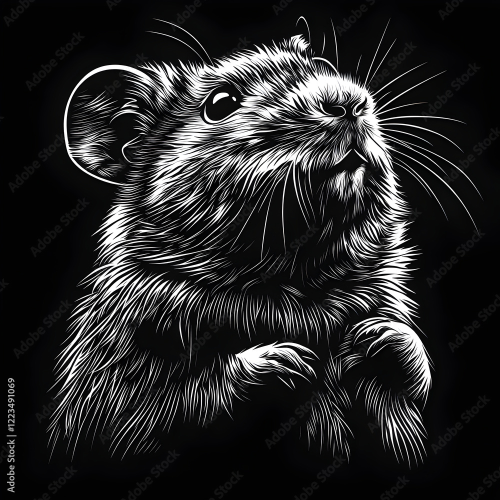 Intricate Black-and-White Illustration of a Hamster Featuring Detailed ...