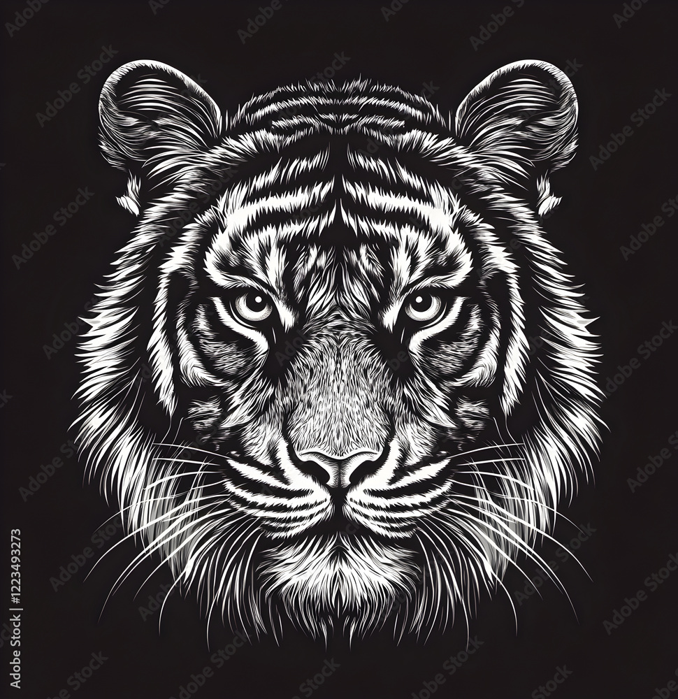 Front View Monochrome Vector Illustration of a Fierce Tiger's Head with ...
