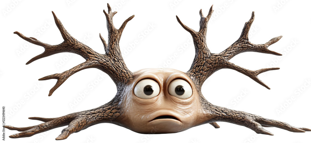 Cartoon creature with tree branch limbs and worried expression ...