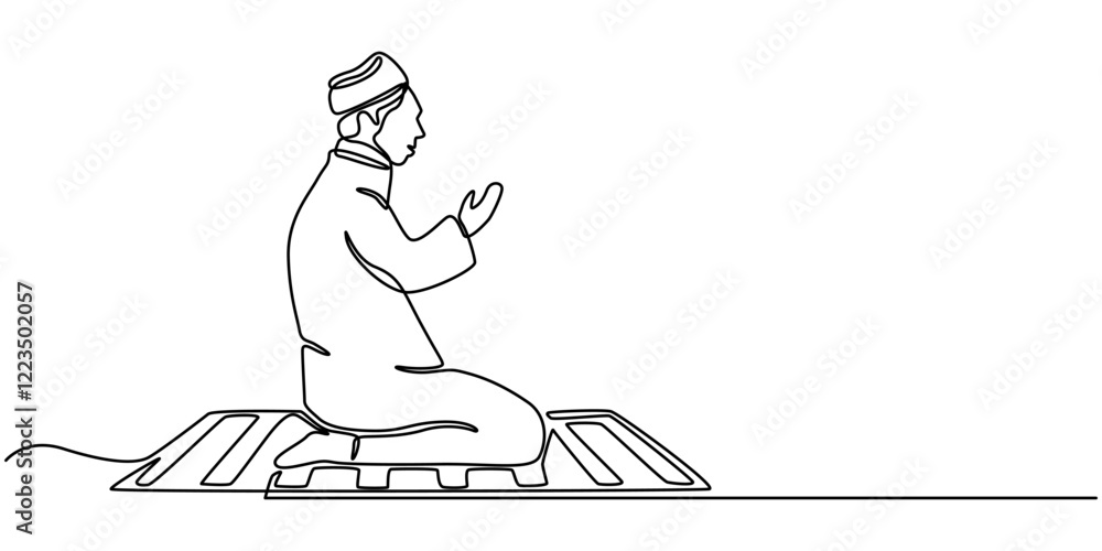 Continuous line drawing of a praying man. Vector illustration, muslim ...