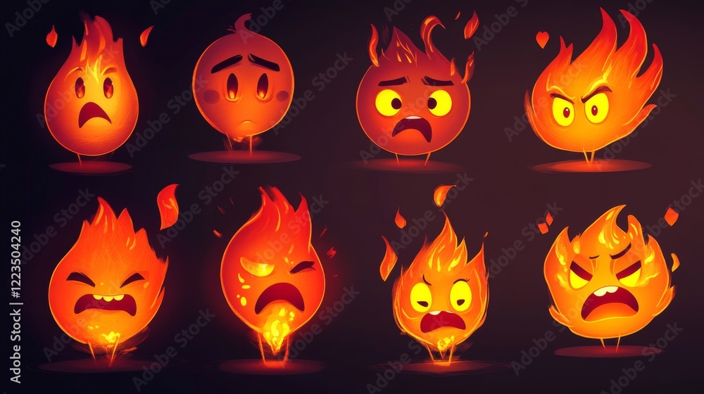 Fire characters set isolated on black background. Vector cartoon ...