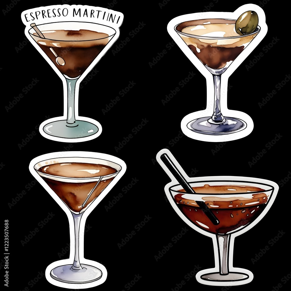watercolor style martini coffee cub vector sticker, PNG, cute poster ...