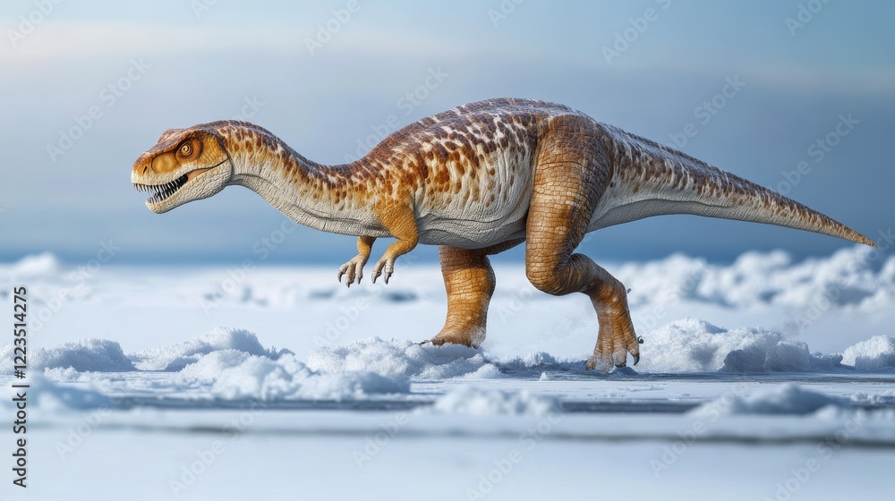 Dinosaurs in ice age. Animals extinction by cold in arctic winter ...