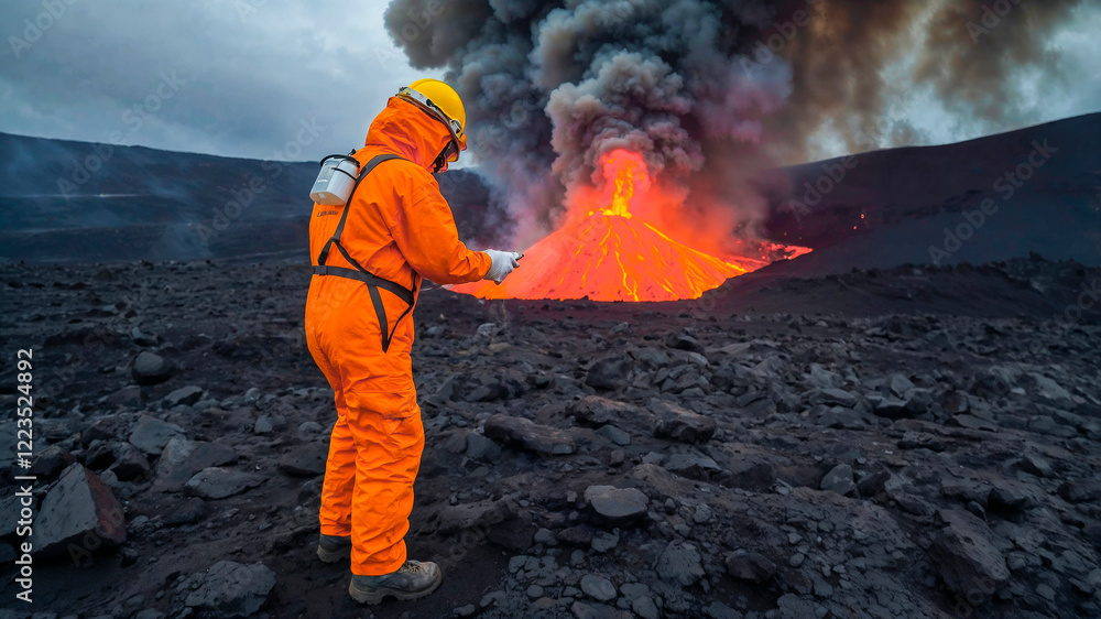 Volcanologist taking measurements of erupting volcano with lava and ...