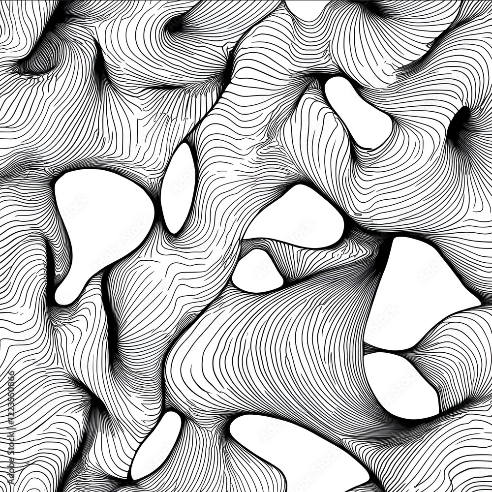 semiintricate doodlelike pattern of black lines and curve on white ...