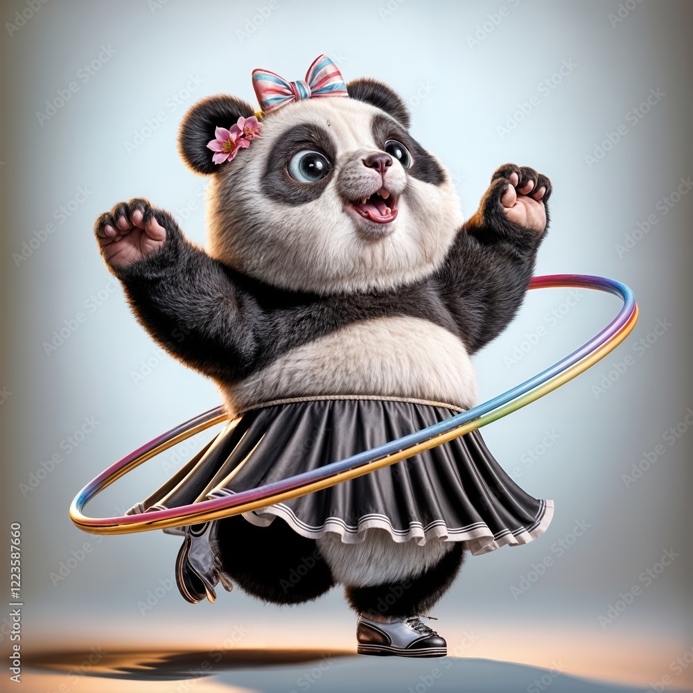 A joyful panda wearing a bow and flowers twirls a colorful hula hoop ...