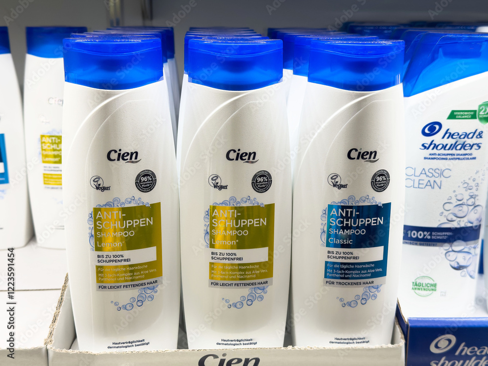 Cien anti-dandruff shampoo options in store display including lemon and ...