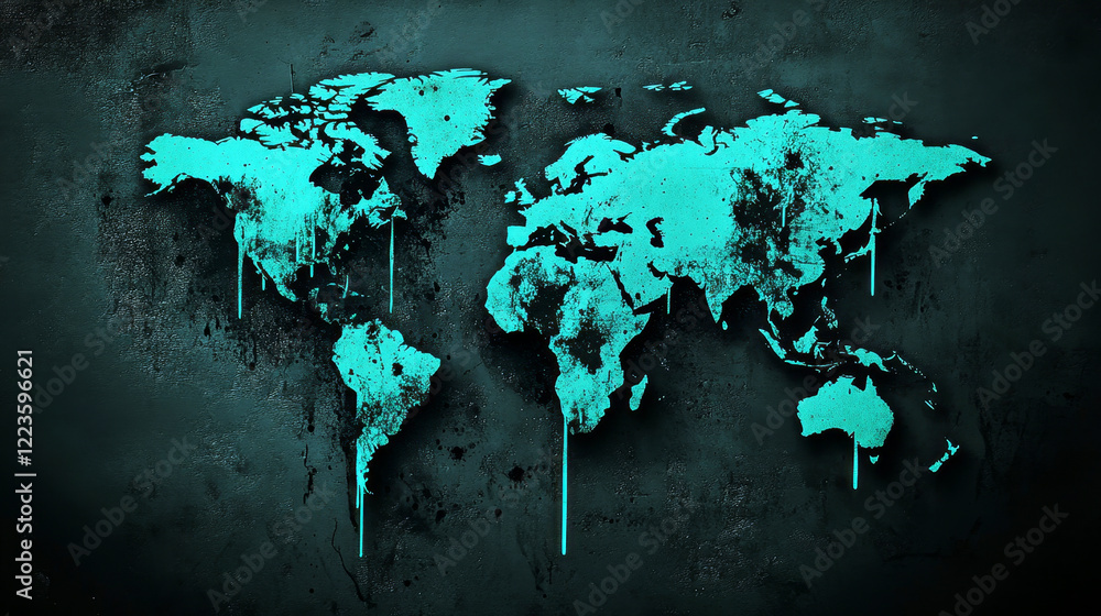 World map design featuring grunge style and neon blue dripping paint ...