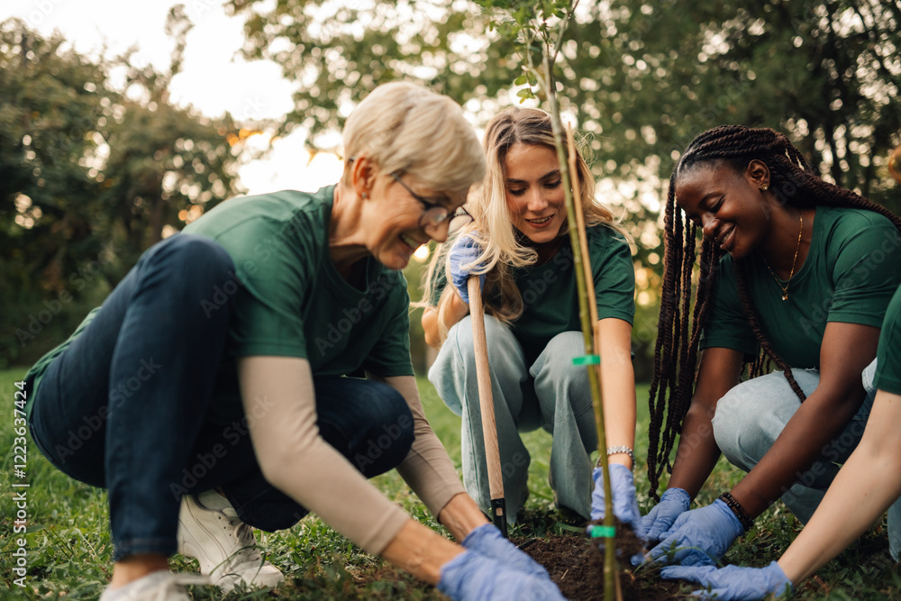 Group of volunteers planting trees in park Stock Photo | Adobe Stock