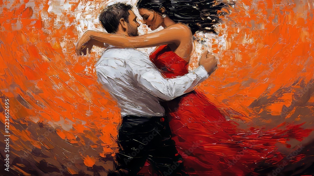 Passionate couple dancing tango in red and orange background for ...