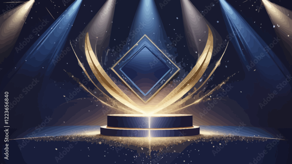 Dark blue stage with golden spotlight lines and glitter texture for award ceremony design ...