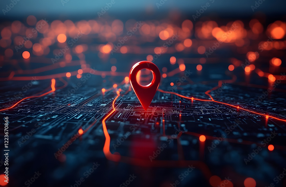 Digital map interface shows red location marker. City landscape blurred ...