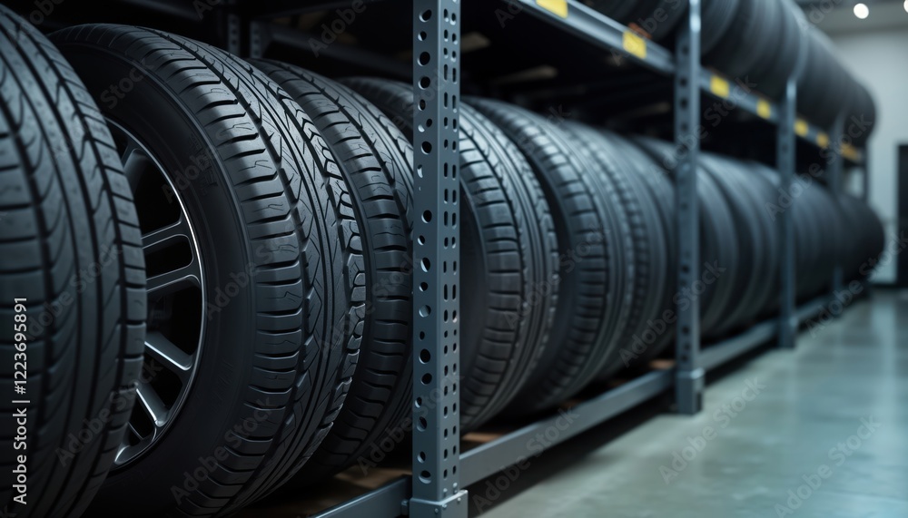 Many car tires stored in rows on metal shelves in garage. Auto service ...