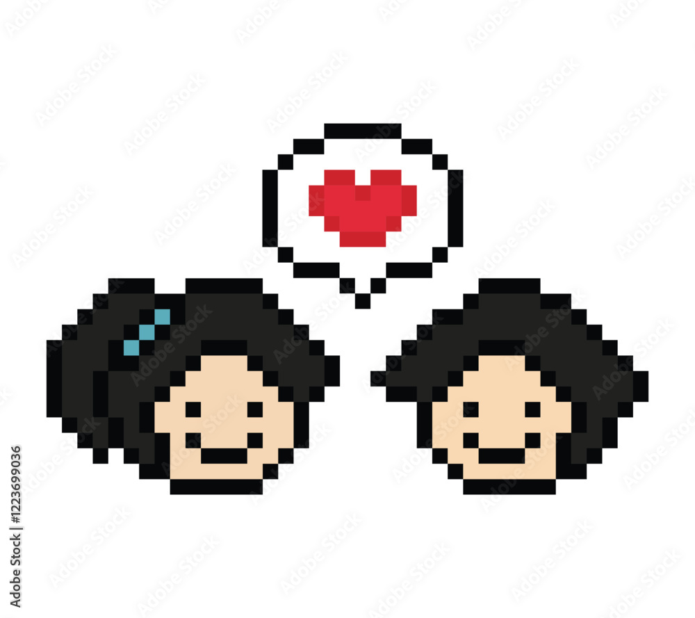 Cute pixel cartoon 8bit character couple together feel love happy heart ...