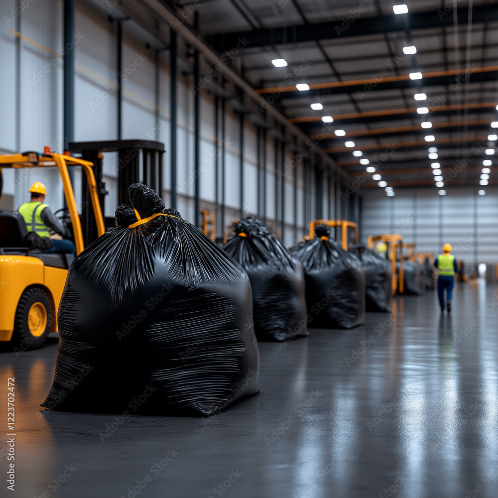 In bustling warehouse, garbage bags line loading dock while forklifts ...