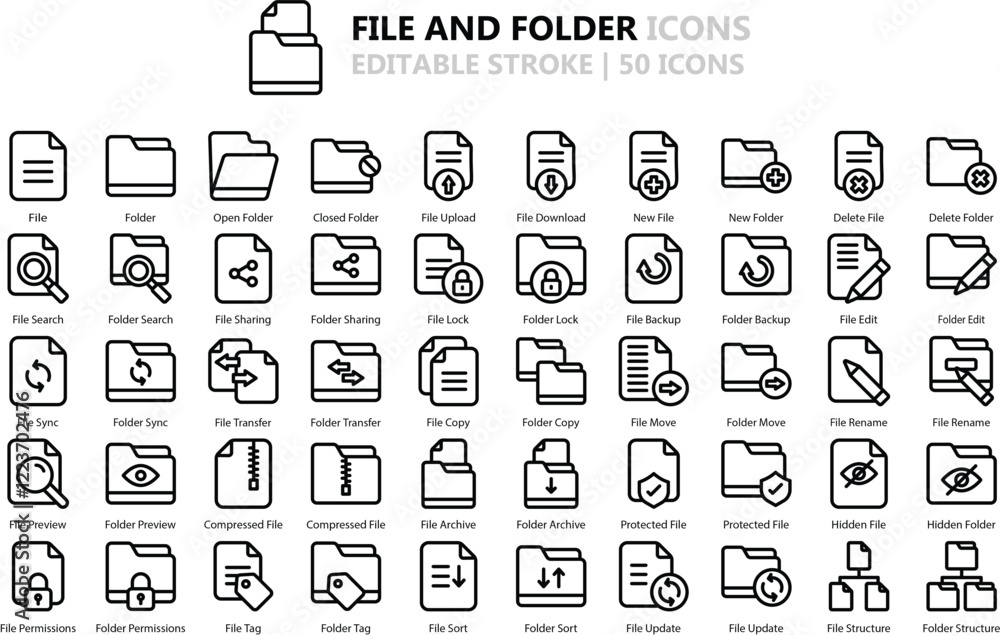 File And Folder Icon Set In Outline Style 50 Vector Icons in Black Stock Vector | Adobe Stock