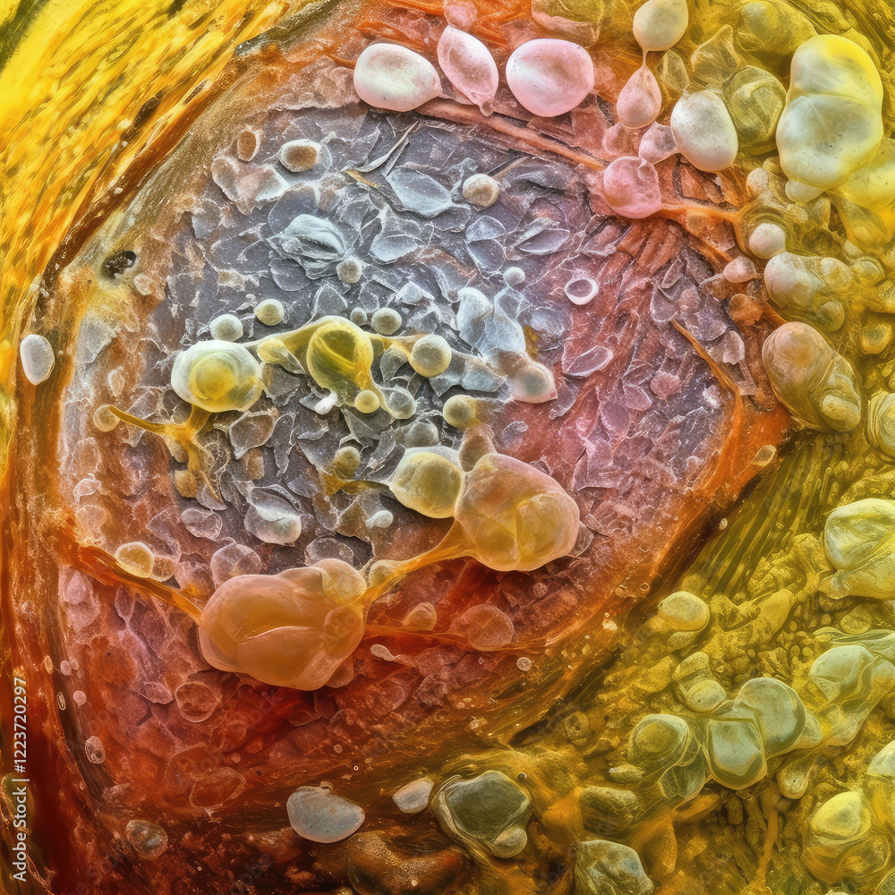 Yellow unreal fat, like obesity cells, under the microscope, is a ...