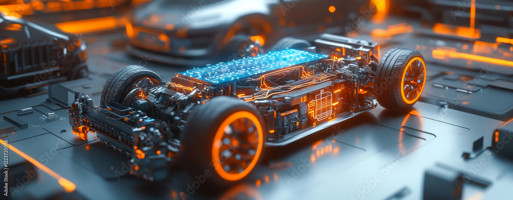 Electric vehicle chassis, cutaway view, showcasing battery and internal ...