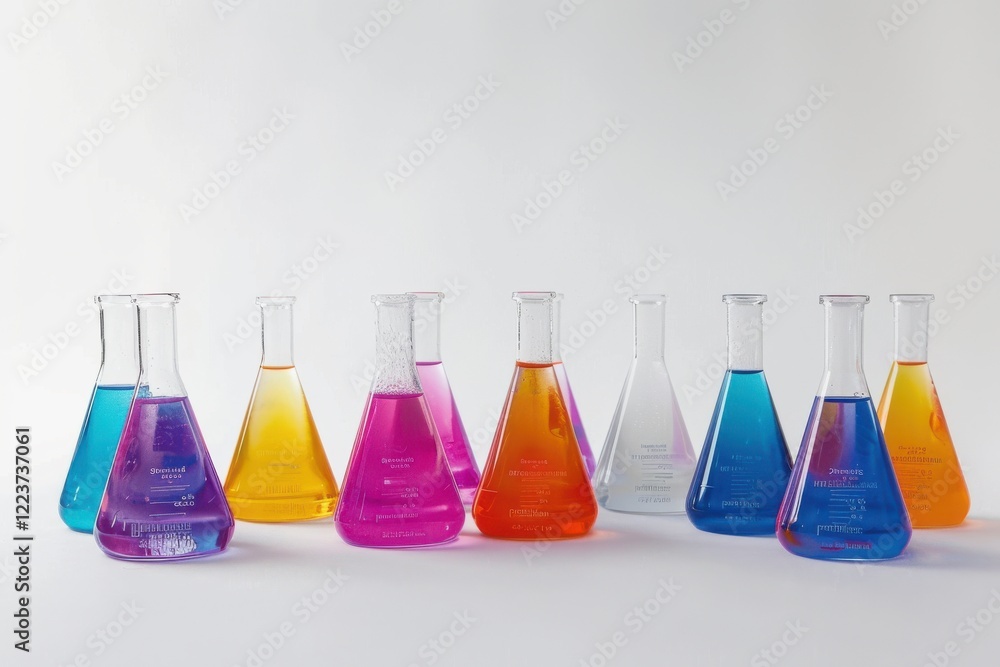 Colorful laboratory flasks filled with vibrant liquids create an ...