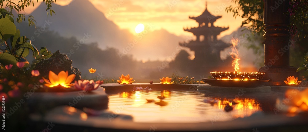 Indian Garden with Zen Meditation Area, Mandala Patterns, Lotus Petals ...