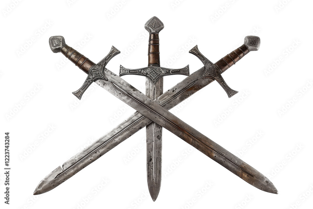 Three intricately designed medieval swords crossed in an ornate display ...