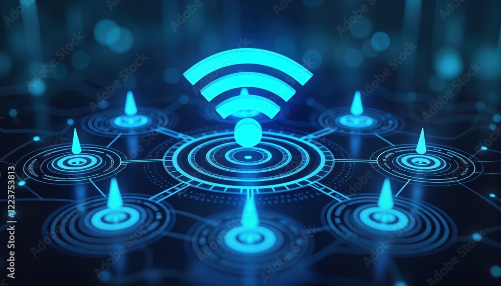 Modern wifi tech network. Wifi signal spreads, connects various devices ...