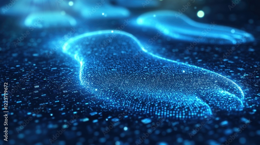 Glowing blue digital footprint data trail flows across dark binary code background, representing ...