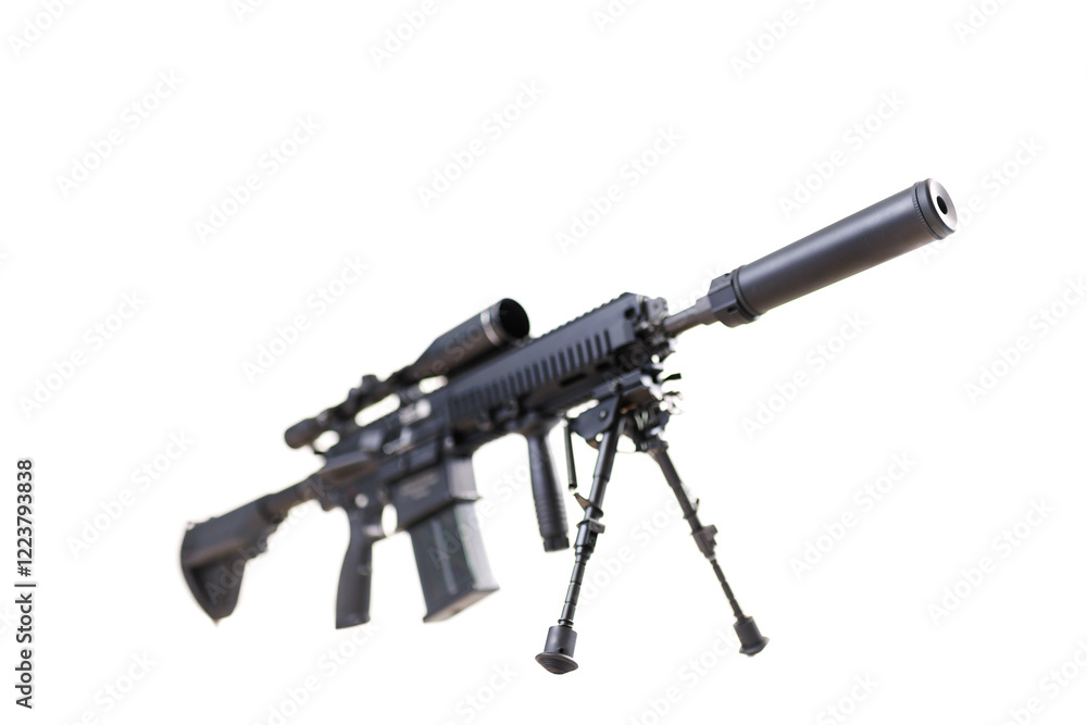 Modern long-range sniper rifle with scope and suppressor mounted on a ...