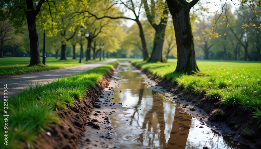 Flooded park path after spring storm. Waterlogged soil reflects trees ...