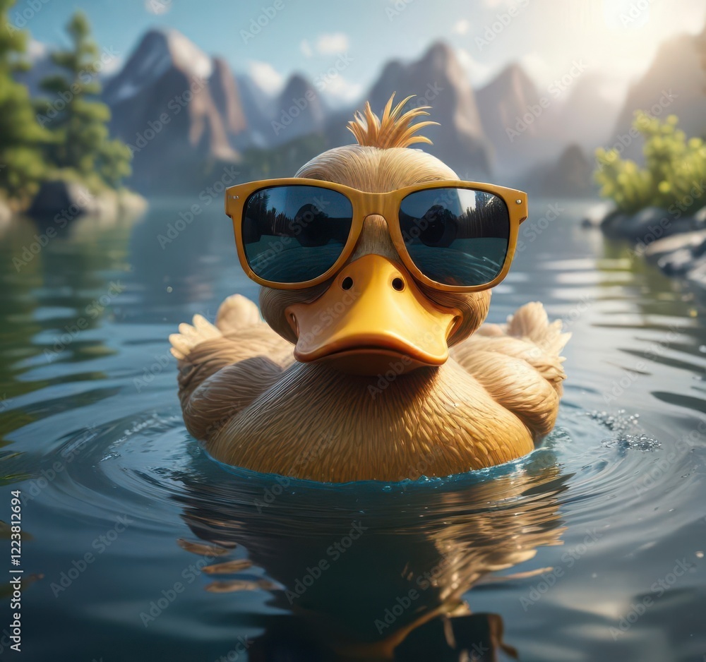 Cartoon duck wearing sunglasses and floating in water, rubber duck ...