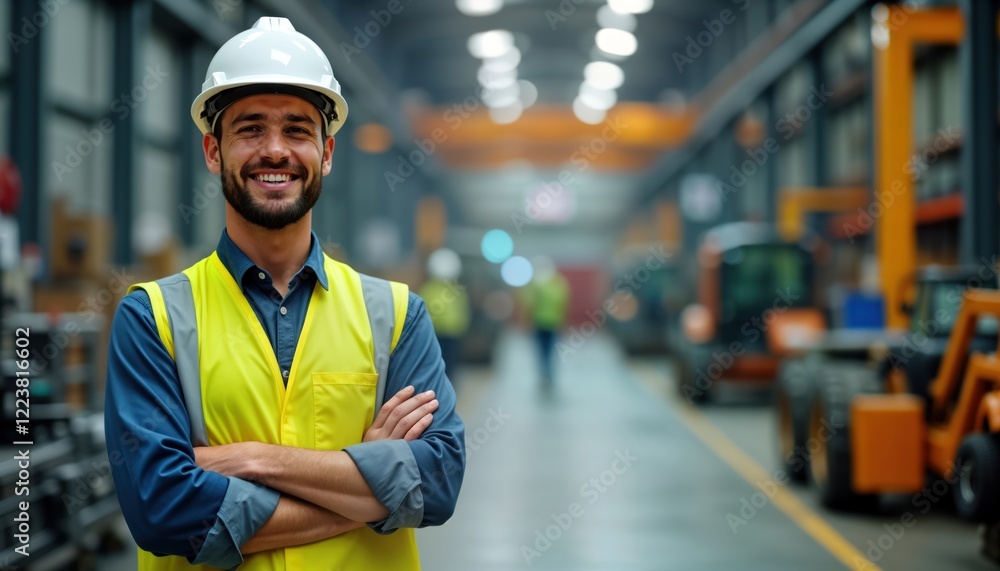 European factory worker poses in industrial setting. Happy man wears ...