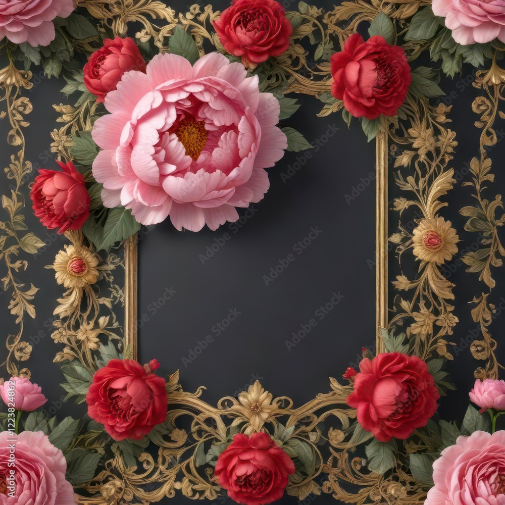 Ornate rose peony floral border with filigree details and scroll work ...