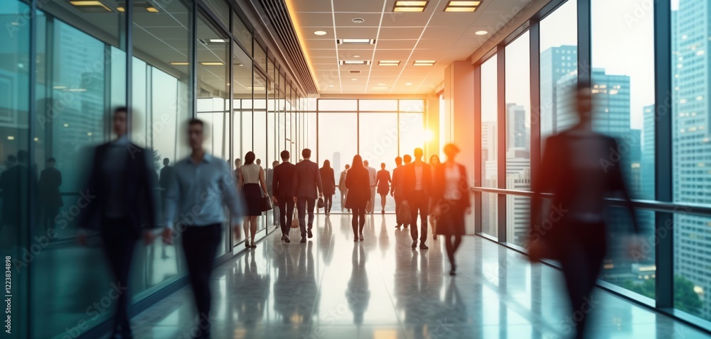 Blurred business people walk in modern city building. Many people hurry ...