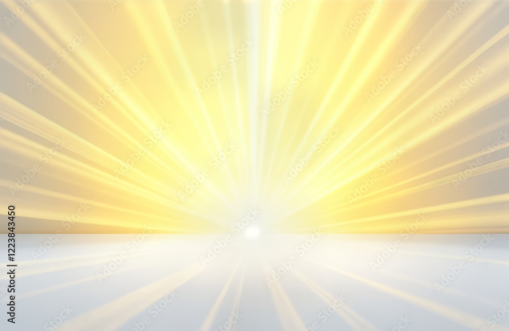 Radiant yellow light rays illuminate plain white surface. Warm sun rays ...
