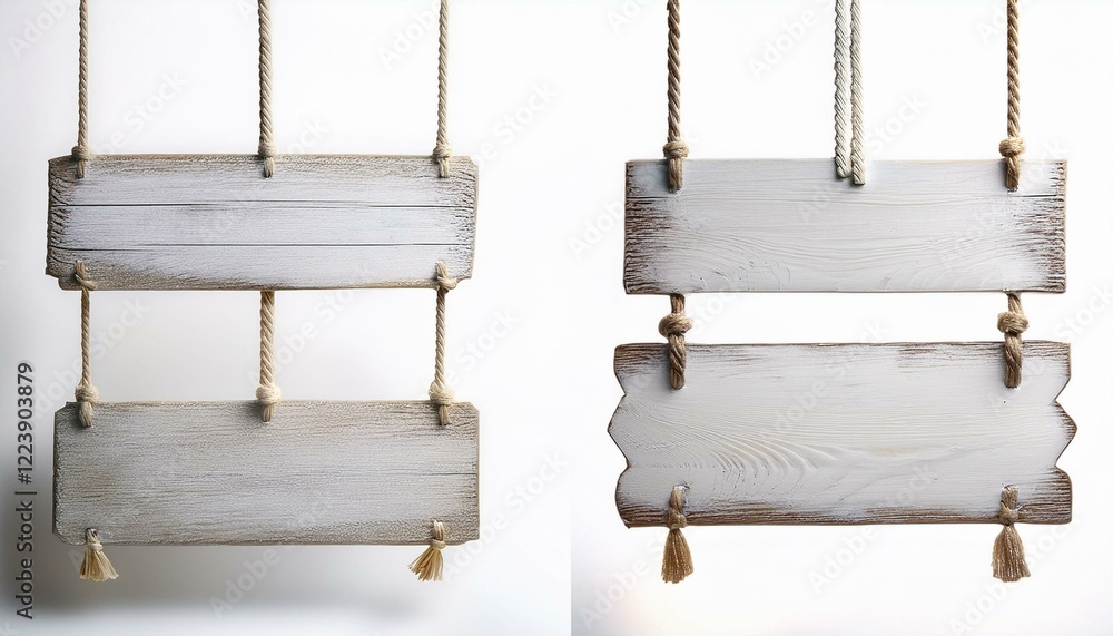Four white wooden signs hanging on a rope, each sign is a different ...