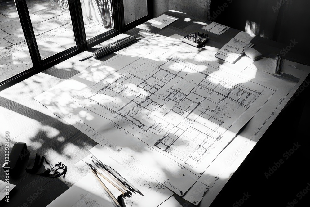Architectural blueprints lay on a desk, sunlight streams through a ...