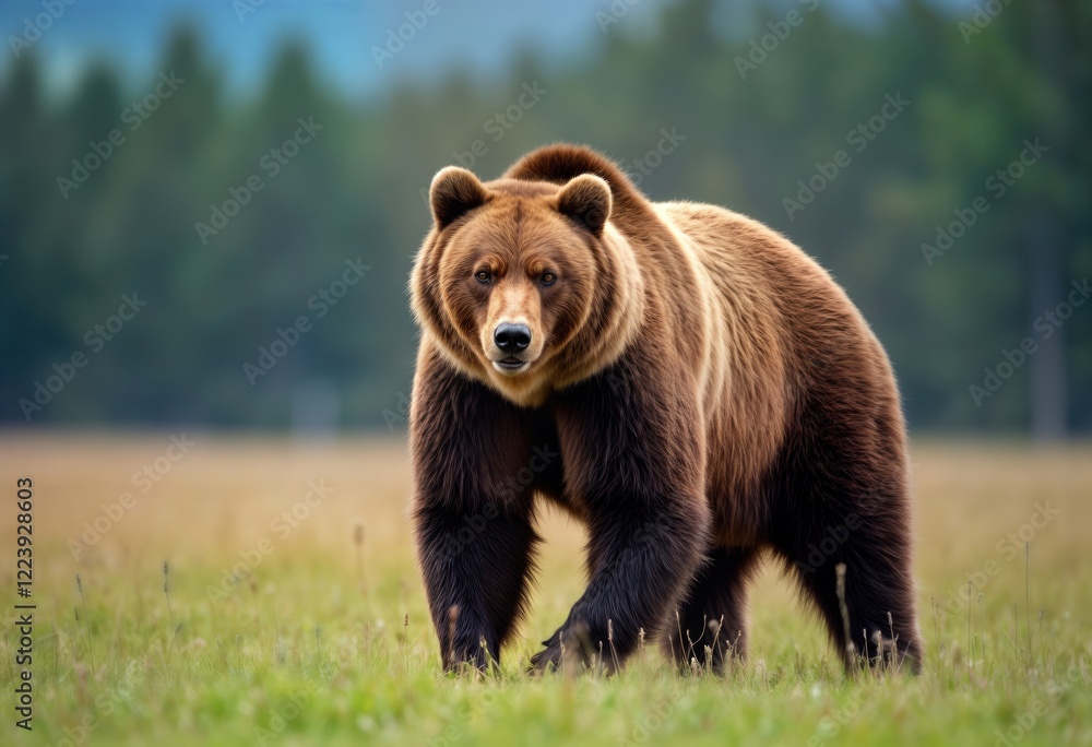 Big brown bear walks in meadow. Wildlife photo shows majestic animal in ...
