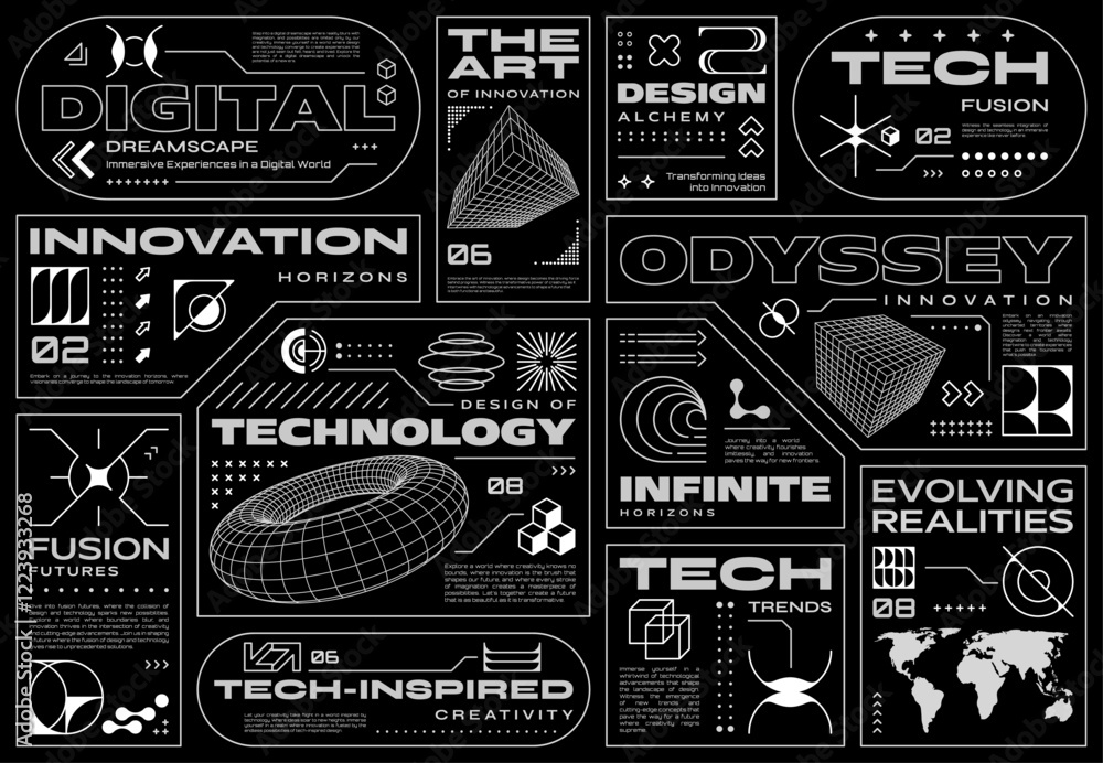 Vector de Stock Retrofuturistic cyberpunk brutalism labels with ...