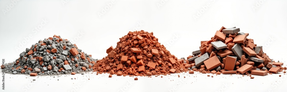 Construction debris piles isolated on white background. Broken bricks, concrete. Demolition ...