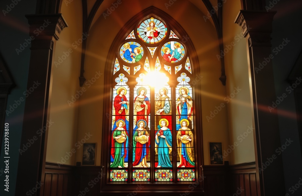 Colorful stained glass window in church interior. Sunlight shines through vibrant stained glass ...