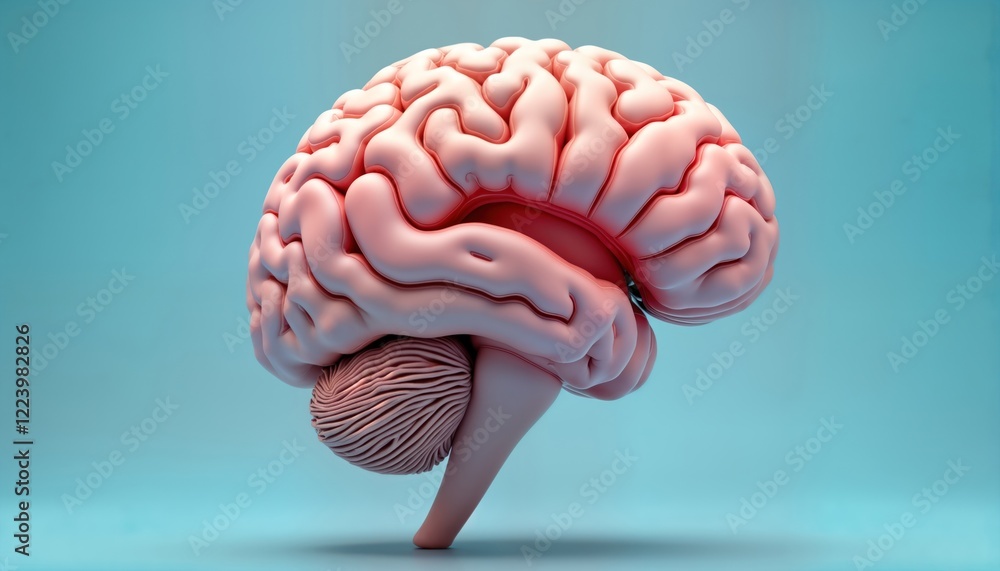 Detailed 3D model of human brain displayed on pale blue background ...