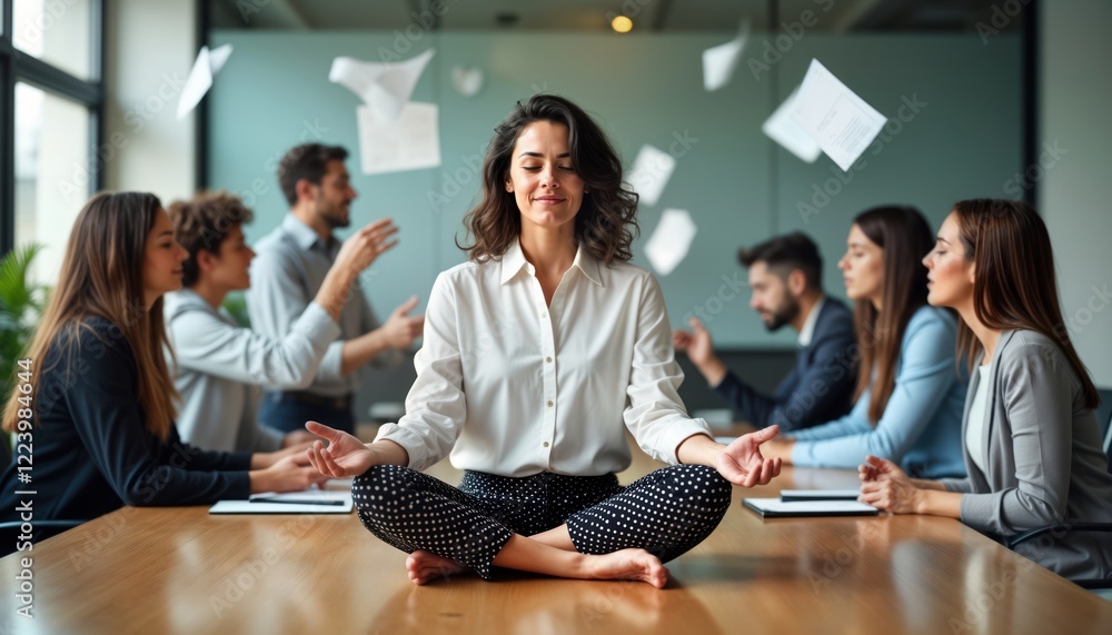 Businesswoman sits calmly in lotus position on office table. Colleagues ...