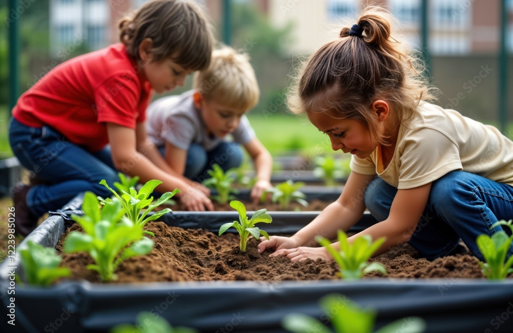 Focused children plant seeds in garden beds. Group of school students ...